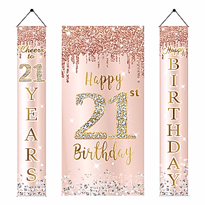 Happy 21st Birthday Door Banner Backdrop Decorations for Women, Pink Rose Gold 21 Birthday Door Cover &Porch Sign Party Supplies, 21 Year Old Birthday Decor
