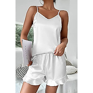 FOSHPOT Silk Pajamas for Women S-4XL Plus Size Satin Pajamas Women with Cami Top Ruffle Shorts Pjs Sets Bridal Gifts White