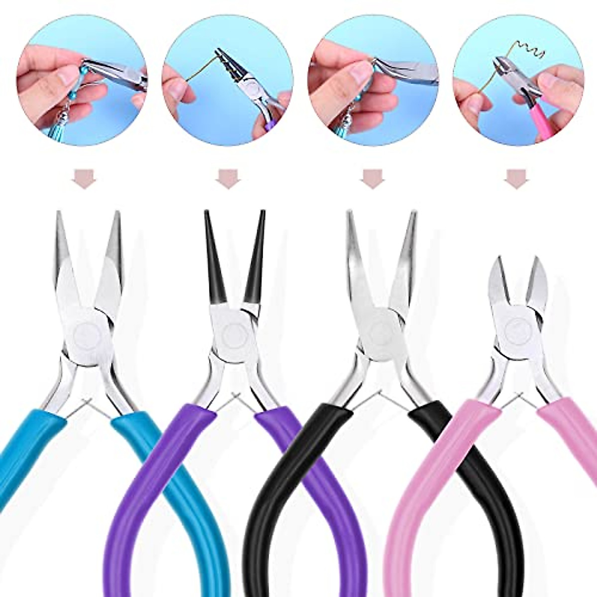 Anezus 4Pcs Jewelry Pliers Tool Set Includes Needle Nose Pliers, Round Nose Pliers, Wire Cutters and Bent Nose Pliers for Jewelry Beading Repair Making Supplies