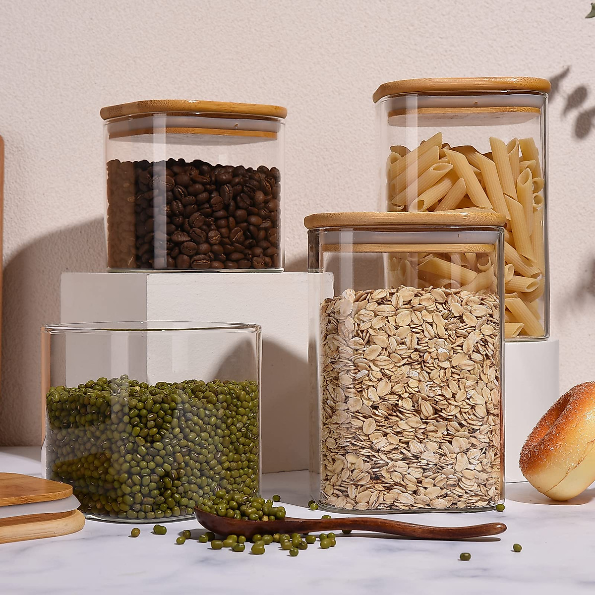 XUNYE Glass Jars with Lids[Set of 4],Glass Canisters Wooden Lids, Airtight Clear Food Storage Bamboo Square Stackable Kitchen For Spice Cereal Sugar Coffee candy, wood color
