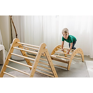 Beright 4 in 1 Pikler Triangle Gym, Montessori Foldable Climber with Ramp, Indoor Climbing Toys for Kids, Climbing Triangle for Toddlers Arch Climber, Rocker, Learning Waldorf Toy Structure, Natural