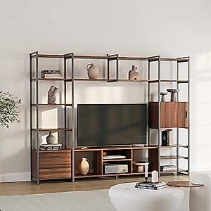 EUREKA ERGONOMIC Entertainment Center, TV Stand with Drawers Cabinet Storage Bookshelves, 111 Inch Wide Modern Media Console Cabinet for 65" TV Walnut Veneer Metal TV Console Table for Living Room