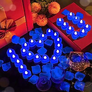 VIHOSE 4000 Pcs Artificial Rose Petals with 24 Pcs LED Tea Lights Candles Flameless LED Candles Fake Rose Petals for Proposal Wedding Birthday Party(Blue Light, Blue Petals)