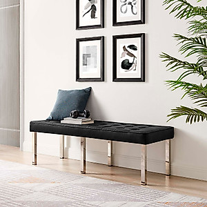 Modway Loft Tufted Button Faux Leather Upholstered Large Accent Bench in Silver Black