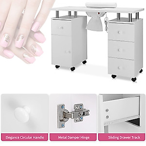 OmySalon Manicure Table Nail Desk for Nail Tech, Nail Table Station w/Electric Dust Collector, Nail Makeup Storage for Beauty Salon Acetone Resistant w/Lockable Wheels,Wrist Cushion,Drawers & Cabinet