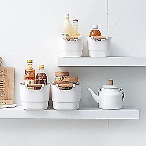 Storage Bins with Wood Handle, Sleek Design - White Matte Plastic Organizer Bucket Container for Pantry Shelf, Kitchen, Closet, Bathroom, Durable, Easy to Clean (WHITE, MEDIUM) (MEDIUM)