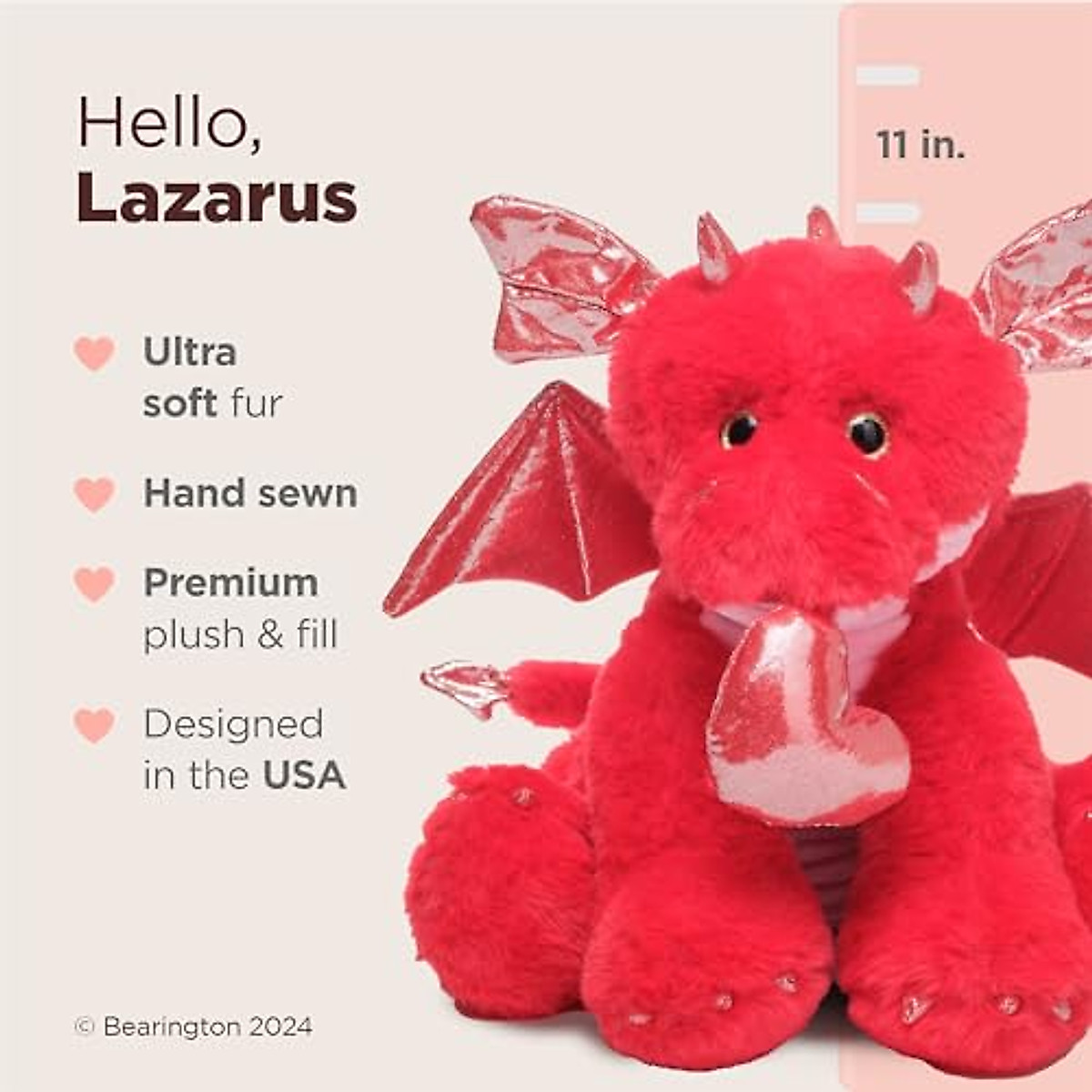 Bearington Collection Red Dragon Plush Toys Dragon Stuffed Animal 11 in Ideal for Valentine's Day Plushies