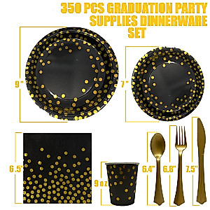 New Years Eve Party Supplies 2025 Christmas Decorations Party Plates Napkins Set Black and Gold Party Supplies 350 Pcs Disposable Paper Plates Napkins Gold Fork Knives Spoon, Serves 50
