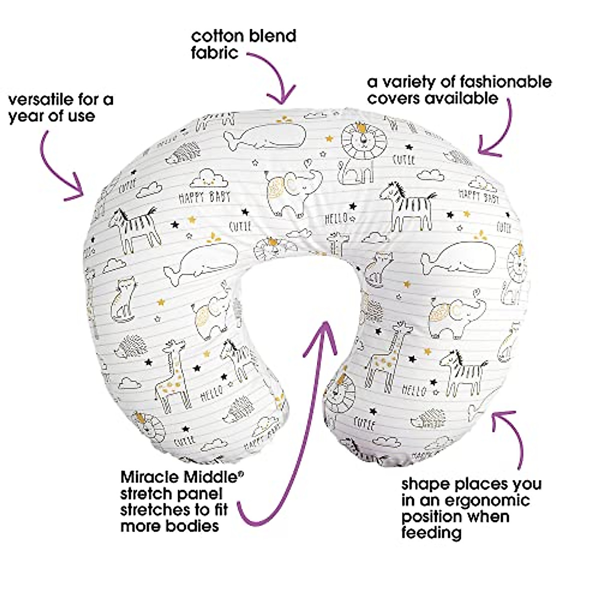 Boppy Nursing Pillow and Positioner - Original, Notebook Black and White with Gold Animals, Breastfeeding, Bottle Feeding, Baby Support, with Removable Cotton Blend Cover, Awake-Time Support