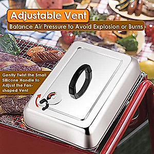 Leonyo 13 x 9 Inch Rectangular Basting Cover Set of 2, Stainless Steel Cheese Melting Dome Lid with Adjustable Vent Heavy Duty for Outdoor&Indoor Flat Top Griddle Accessories Teppanyaki BBQ Grilling