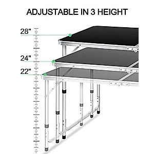 FiveJoy Folding Camping Table, 4 FT Aluminum Height Adjustable Lightweight Desk Portable Handle, Top Weatherproof and Rust Resistant Table for Outdoor Picnic Beach Backyard, 47" x 24",Black