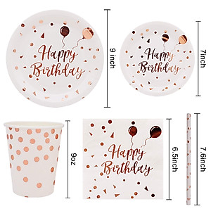 Birthday Party Supplies 200 PCS Rose Gold Birthday Plates Napkins Supplies and Rose Gold Plastic Cutlery, For Happy Birthday Decorations Serves 25 Guests