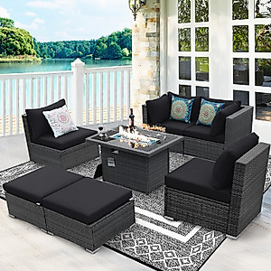 BULEXYARD Large High Back Grey Rattan Patio Furniture Set with Propane/Gas Fire Pit Table, Luxury Deep Wide Seat Outdoor Sectional Sofa, Modern Wicker Modular Conversation Couch (7Pcs, Black)