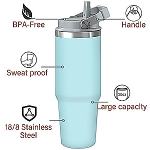 Tumbler with Handle and Straw 30 oz Stainless Steel Double Wall Vacuum Insulated Tumbler with Handle Leak Proof, Large Tumbler with Built- in Straw and Lid (Blue)