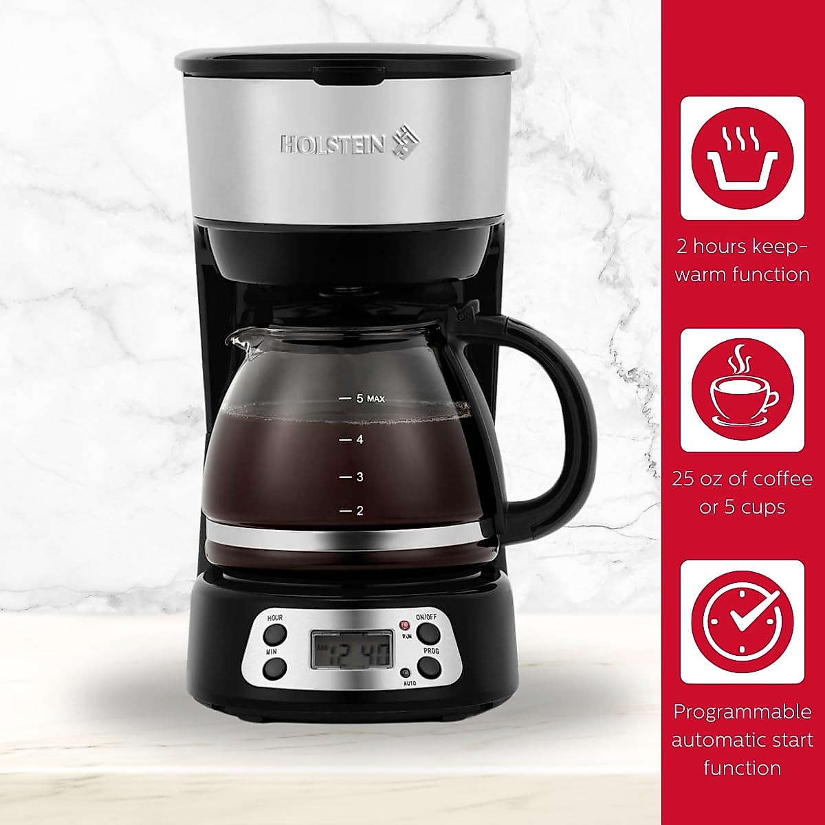 Holstein Housewares 5-Cup Programable Coffee Maker, Convenient and User Friendly, Black and Stainless Steel with Auto Pause and Serve Function, Glass Carafe