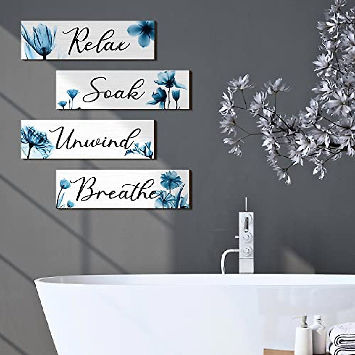 Maitys 4 Pieces Bathroom Wall Art Decor Relax Soak Unwind Breathe Elegant Tulip Rustic Farmhouse Bathroom Wood Hanging Sign Bathroom Wooden Wall Plaque for Home (Blue)