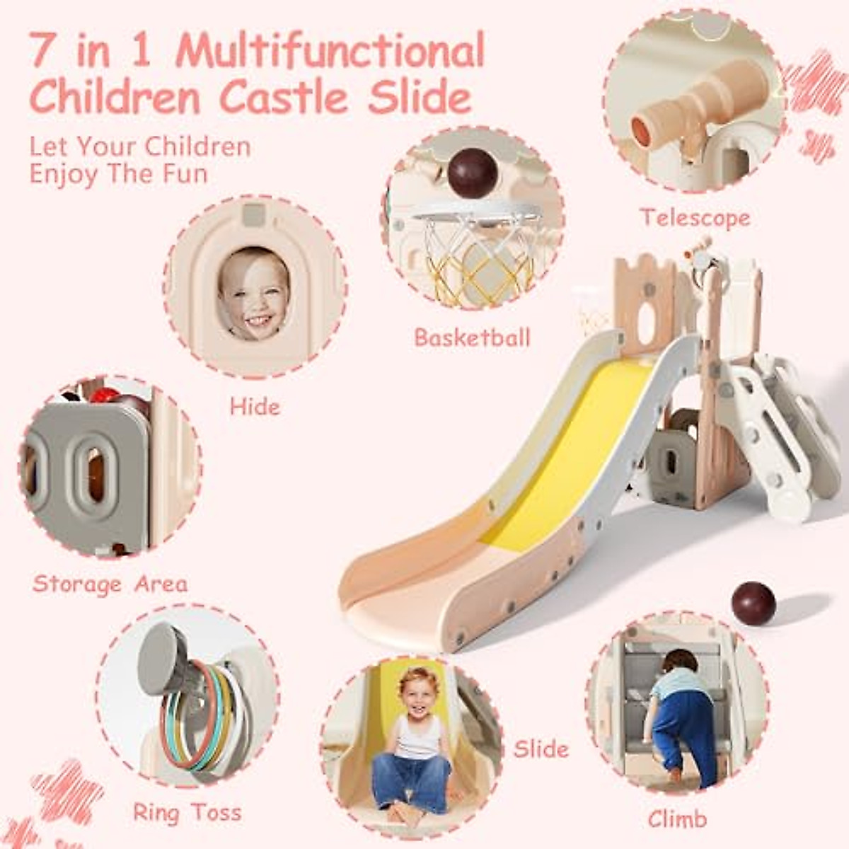 YUYUE 7 in 1 Toddler Slide,Kids Climber Slide with Storage Space and Non-Slip Steps,Indoor Outdoor Playset with Basketball Hoopa and Telescope,Slide for Toddlers Age 1-8,Slip and Slide