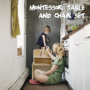 WOOD CITY Montessori Weaning Table and Chair Set (19.7inch), Height-Adjustable Real Hardwood Desk for Toddler Reading, Snack Time, Activity Cube, Step Stool, Montessori Furniture for Kids 1-5 Year Old