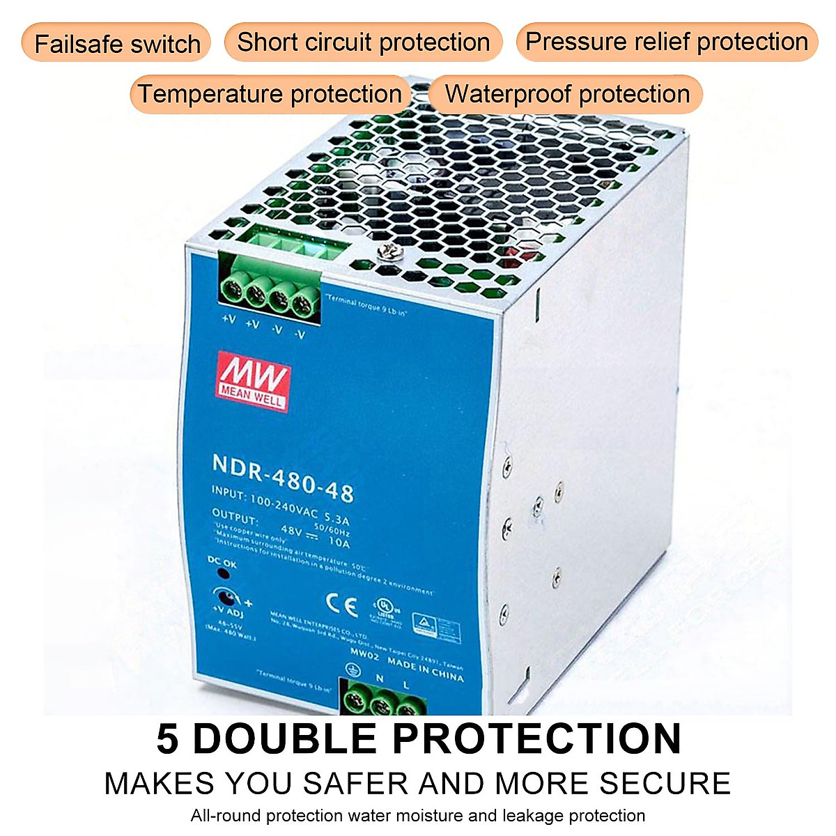 DynMach NDR-480-48 Industrial DIN Rail Power Supply 480W, 48V, 10A, High-Efficiency 93%,90-264VAC Universal Input, Reliable & Durable for Advanced Manufacturing, Automation & Scientific Research