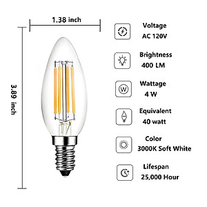 E14 LED Bulb Dimmable 40W Equivalent 3000K Soft White, E14 European Candelabra Base Light Bulbs, Clear Glass Torpedo Shape, 6 Pack