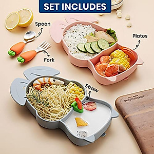 EMGATE Silicone Baby Feeding Set Includes Toddler Plates, Toddler Forks and Spoons –Premium 5-Piece Toddler Feeding Supplies – Non-BPA Bunny Plates with Straw, Brush – Cute Packaging (Blue)