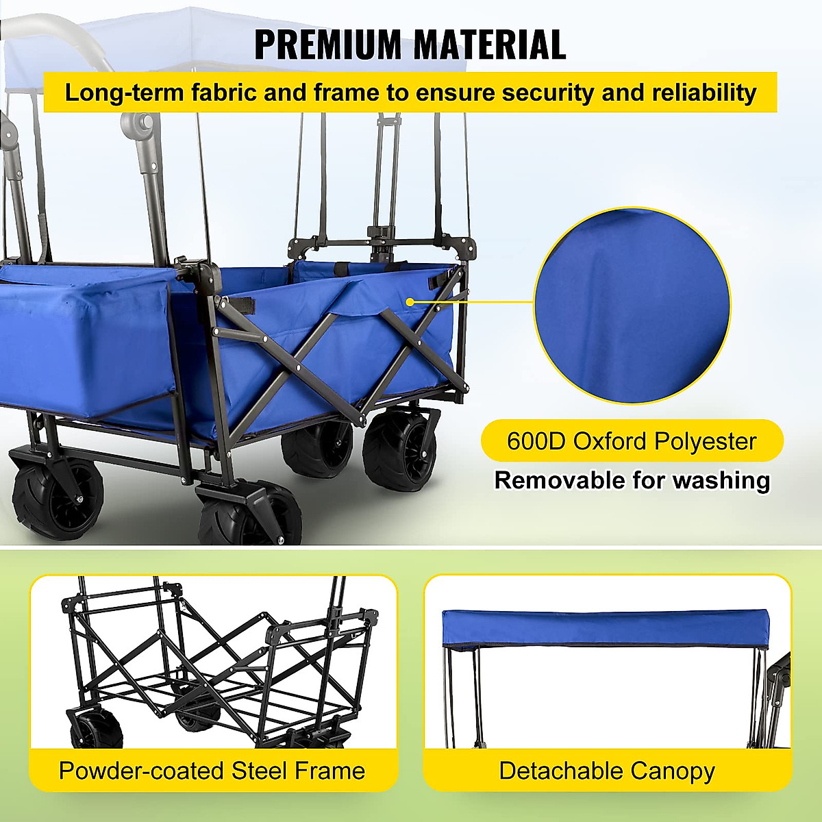 HAPPYBUY Extra Large Collapsible Garden Cart/Wagon with Removable Canopy, 220lbs Capacity Push& Pull Utility Cart with Rear Storage; Upgrad Padded Cotton 600D OxfortSecure Lock (40IN40IN20IN, Blue)