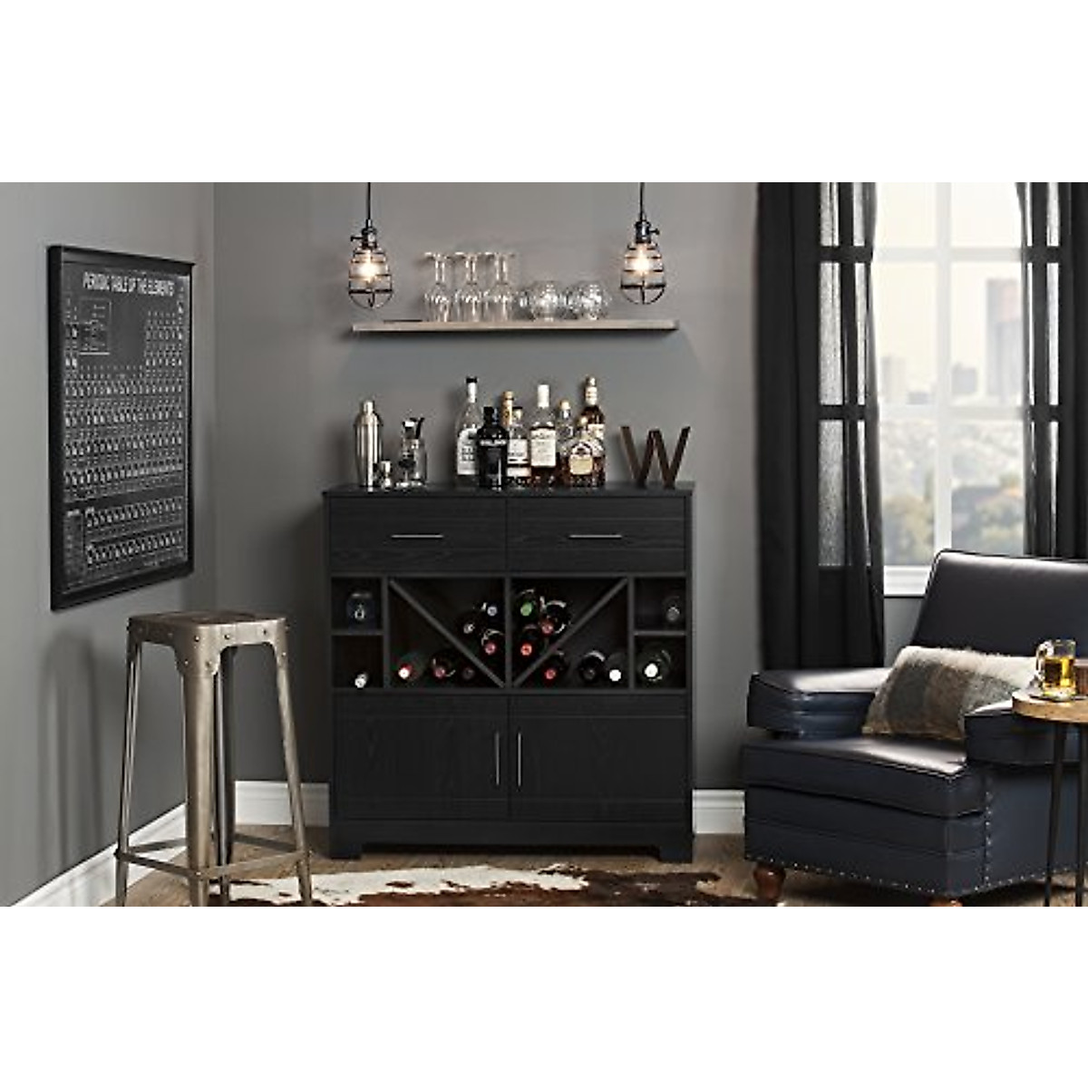 South Shore Vietti Bar Cabinet with Liquor and Wine Bottle Storage with Drawers, Black Oak with Metal Handles