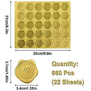 660Pcs Gold Embossed Wax Stickers Valentines Day Heart Envelope Seals Self-Adhesive Stickers for Wedding Celebrations Greeting Cards Commemorative Parties Engagement Invitations