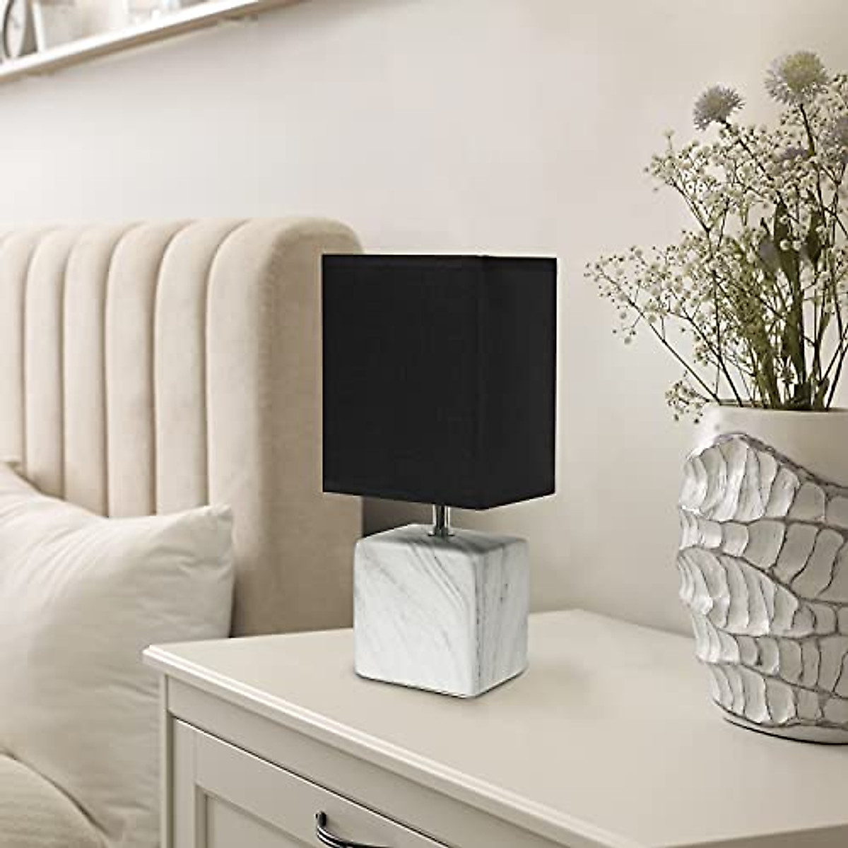 Simple Designs LT2071-WOB Mini Petite White Gray Marbled Ceramic Bedside Table Lamp with Black Shade
