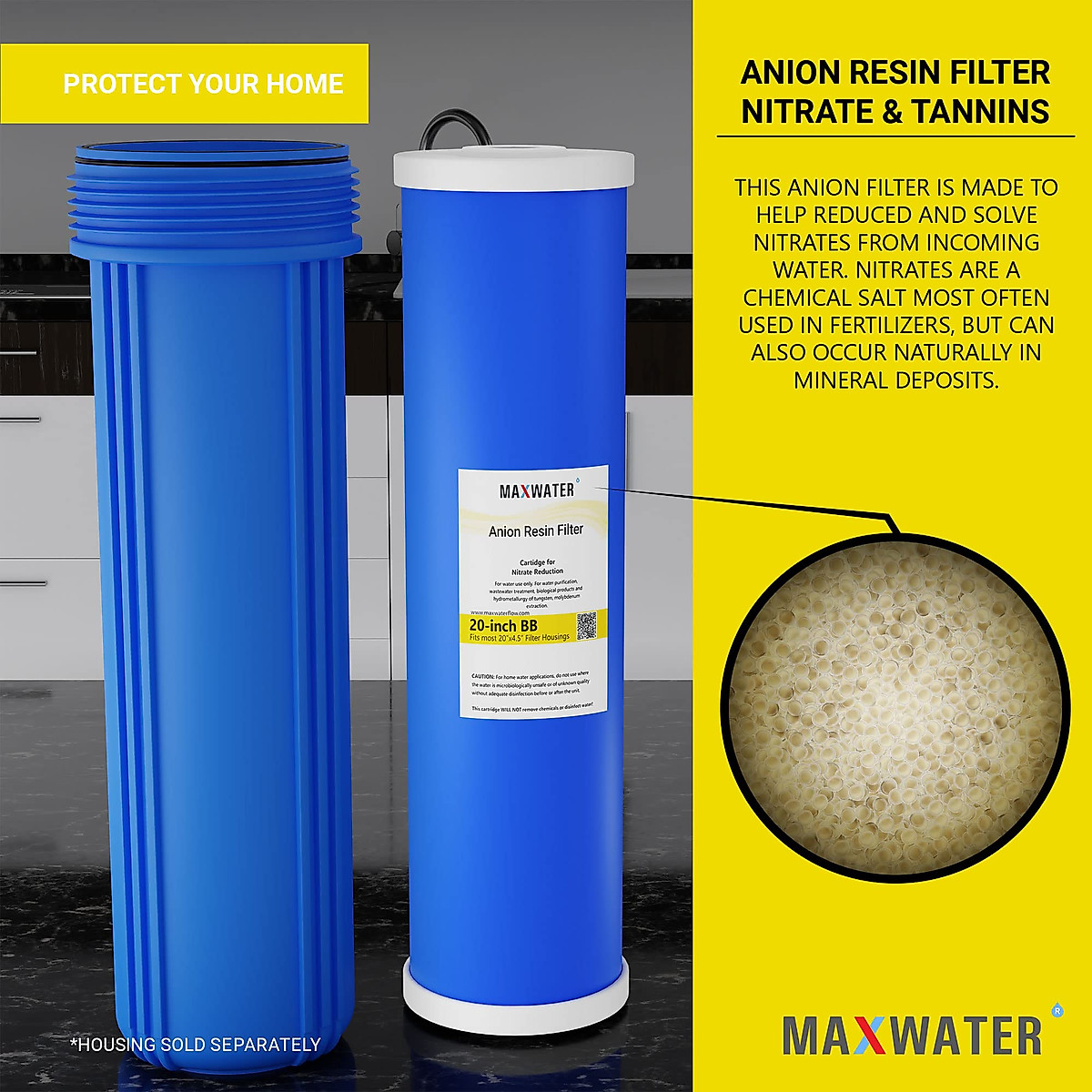 20" BB Nitrate Reducer Filter Set 3 Filters Wound Sediment + Anion + GAC Carbon Nitrate compatible with 20" BB Whole House Systems