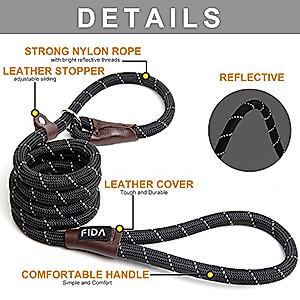 Fida Durable Slip Lead Dog Leash, 6 FT x 1/2" Heavy Duty Dog Loop Leash, Comfortable Strong Rope Slip Leash for Large, Medium Dogs, No Pull Pet Training Leash with Highly Reflective, Black