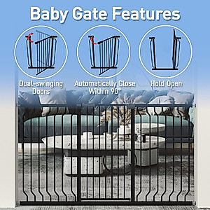 WAOWAO Extra Tall 40.55" Baby Gate 29.53"-32.68" Wide Pressure Mounted Walk Through Swing Auto Close Safety Black Metal Toddler Child Dog Pet for Indoor Stairs,Doorways,Kitchen