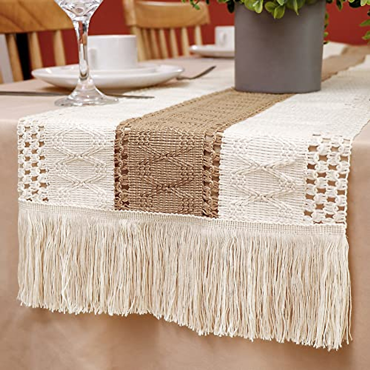 OurWarm Macrame Table Runner Farmhouse Style, Natural Burlap Boho Table Runner Modern Farmhouse Decor Rustic Woven Cotton Crochet Lace for Bohemian, Rustic,Bridal, Shower Wedding, Dinner, 72" x 12"