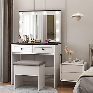 Makeup Vanity Desk with Mirror and Lights - 31.5'' White Vanity Set with Power Outlet & 2 Drawers, 3 Color Lighting Mode, Bedroom Small Space Vanity Table for Girl, Women, Storage Stool Included