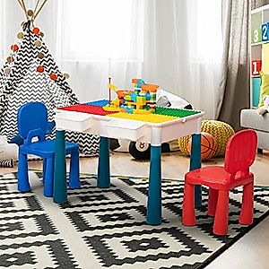 Sandinrayli 7-in-1 Kid Activity Table Set w/2 Chairs & 72Pcs Large Size Blocks, Compatible with Classic Blocks, Water/Sand Table, Building Block Table for Toddler (Primary)