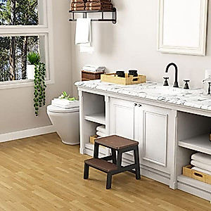 Wooden Step Stools for Adults Kids, Heavy Duty 2 Step Stool for High Bed Kitchen Bathroom - Holds Up to 500 Lb by RORKEE, Wide, Metal, Industrial Design(Light Walnut)