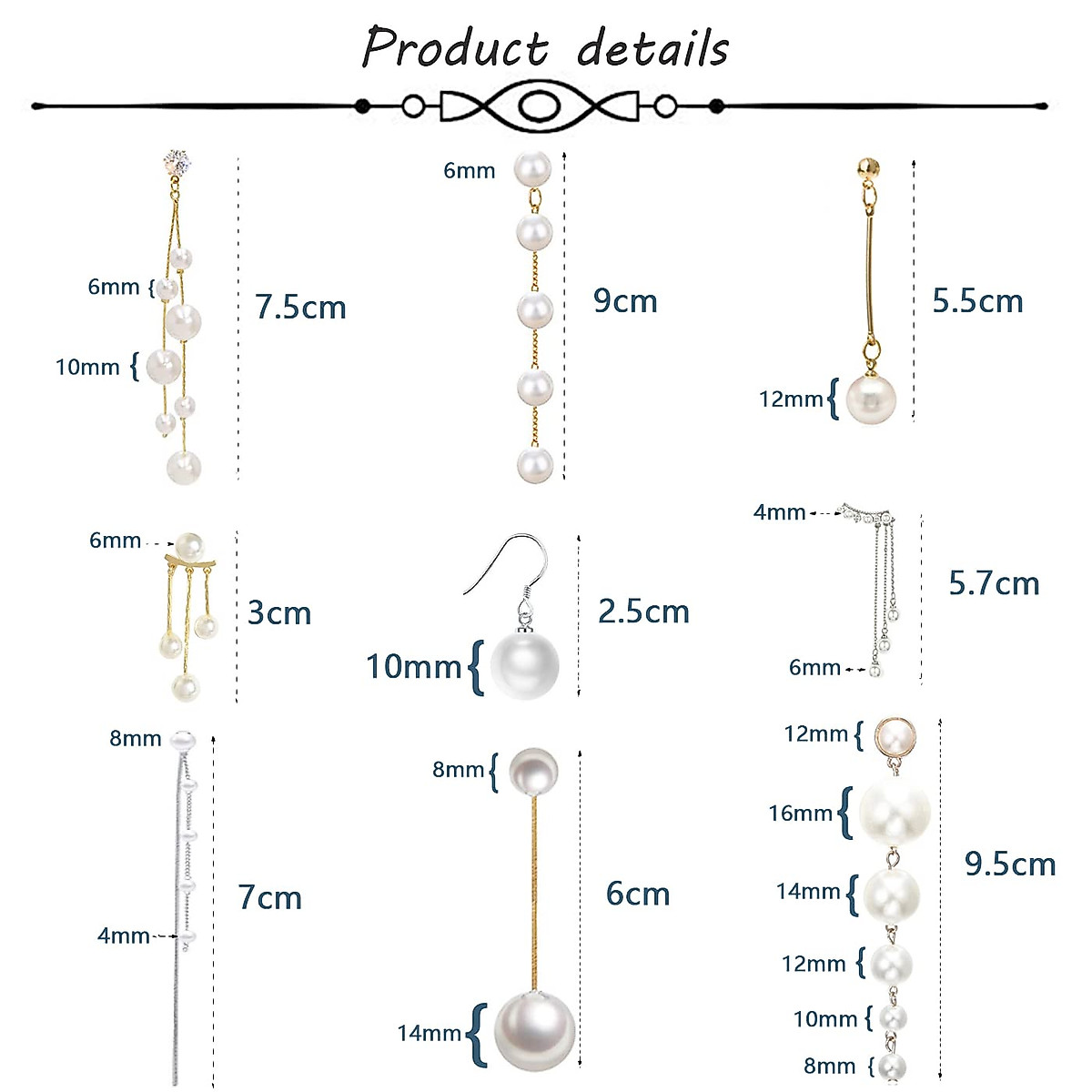 SAMOCO 9 Pairs Big Simulated Pearl Long Tassel Drop Earrings for Women Double Sided Front Back Pearl Earrings Cross Imitation Pearl Dangle Earrings