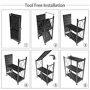 Yuanjimi 3 Tier Foldable Storage Shelf with Wheels, Heavy Duty Garage Shelving Unit Loads 550 LBS, Metal Steel Collapsible Shelves, Rolling Standing Utility Rack for Kitchen, Pantry, Office, Black