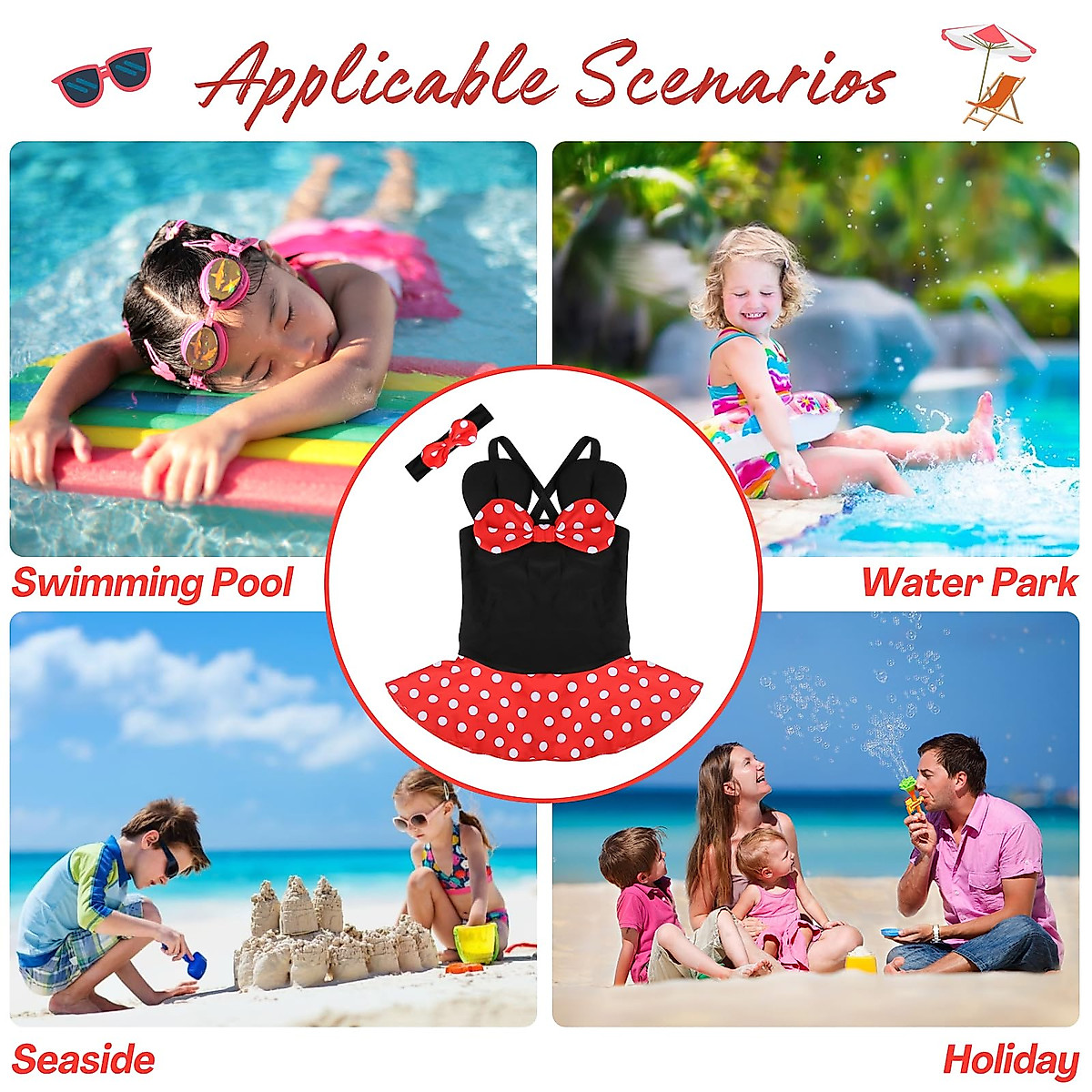 Kid Toddler Baby Girls Bathing Suit Bow Dot One Piece Swimsuit Swimwear, Red Black, Large