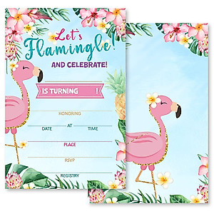 Grace Yonks Flamingo Birthday Party Invitation, Flamingo Theme Party, 20 Invitations and Envelopes, Birthday party Invitations, Birthday Party Supplies.(029)