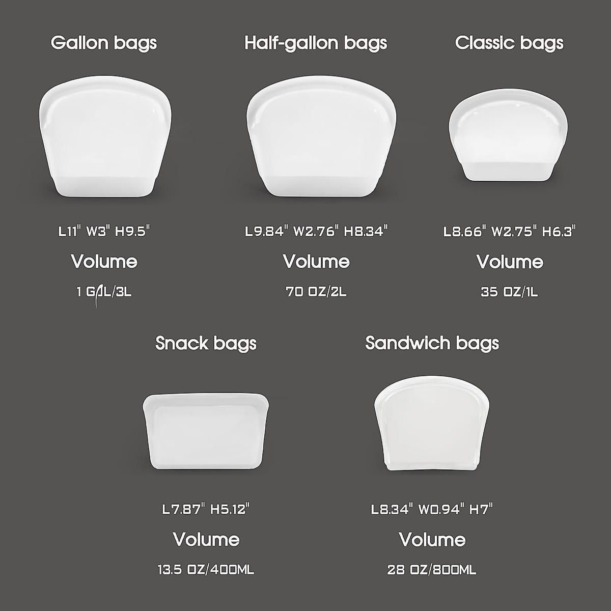 KVK Platinum Silicone Reusable Storage Bags - 5 Pack Food Meal Prep Container for Lunch, Travel, Makeup Bag - Oven Dishwasher Freezer Safe - Clear