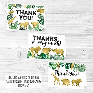 24 Safari Thank You Cards With Envelopes, Kids or Baby Shower Thank You Note, Jungle Greenery Gold 4x6 Varied Zoo Animal Giraffe Gratitude Card Pack For Party, Girl Boy Children Birthday Stationery