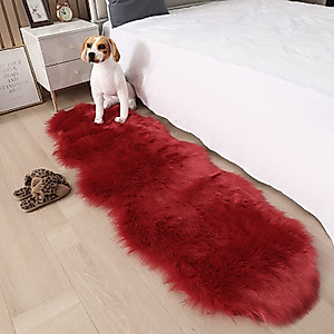 CKLZSAY Red Faux Fur Sheepskin Rug Super Soft Fluffy Plush Area Rug Bedroom Floor Children's room Sofa Cushion Living Room Runners Bedside Rugs (Red，2×6 ft sheepskin)