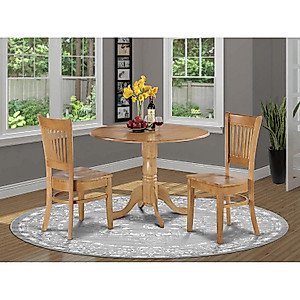 East West Furniture DLVA3-OAK-W Dublin 3 Piece Set for Small Spaces Contains a Round Dining Room Table with Dropleaf and 2 Wooden Seat Chairs, 42x42 Inch
