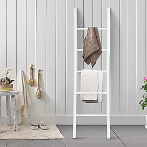 DWVO 4.8Ft Poly Lumber Wall Leaning Blanket Ladders Quilt Towel Display Rack Shelf Holder, HIPS Water Resistant Rack Rustic Farmhouse (White)