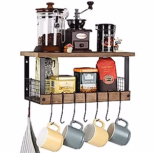 J JACKCUBE DESIGN Wall Mount Rustic Wood Floating Shelf, Coffee Mug Rack with 8 Hooks, 2 Tier Hanging Storage Shelves for Kitchen, Bathroom, and Living Room - MK455A