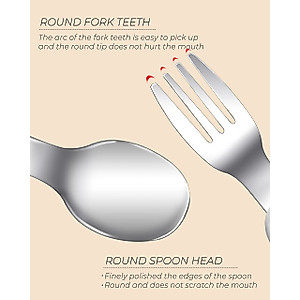 2 pcs Toddler Utensils, Stainless Steel Toddler Silverware Set with Round Handle, Baby Forks for Self Feeding, 1 Toddler Fork and 1 Toddler Spoon, BPA Free
