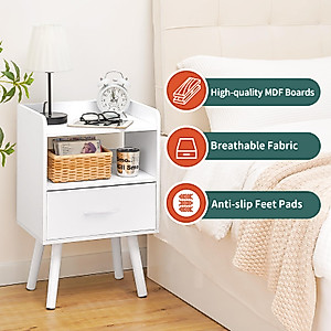 Yoobure Night Stand with Drawer, Modern Nightstand, Bedside Tables, Mid Century Nightstands with Open Storage Shelf, Wood Bedside Table, Small Night Stands for Bedrooms, 2-Tier Night Table