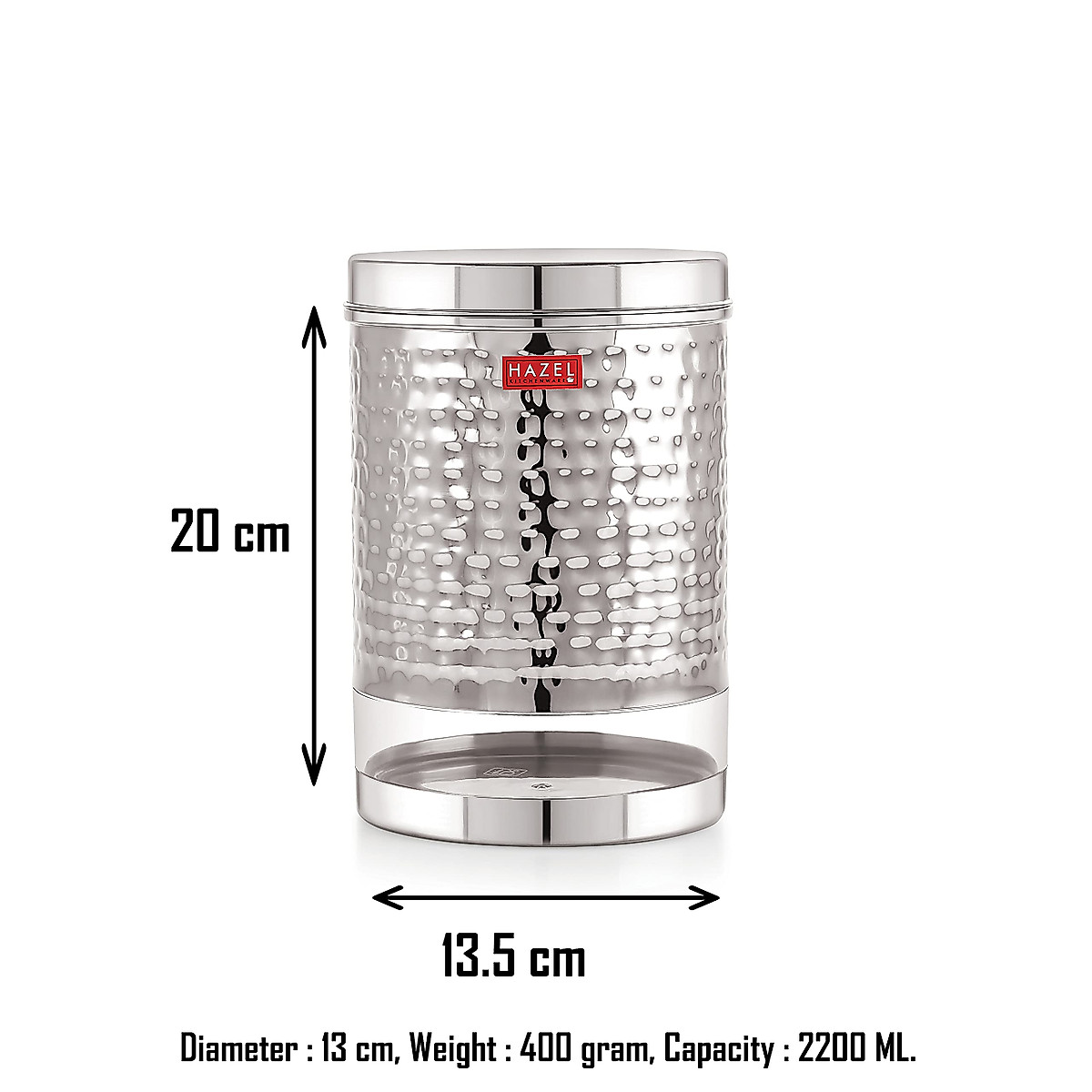 HAZEL Stainless Steel Container For Kitchen Storage Hammered Finish Transparent See Through Glossy Storage Jar Dabba, Set of 6, 2200 ML, Silver