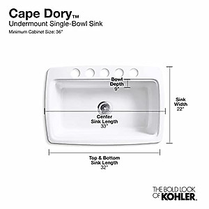 Kohler K-5864-5U-0 Cape Dory Undercounter Kitchen Sink, White, 2.375